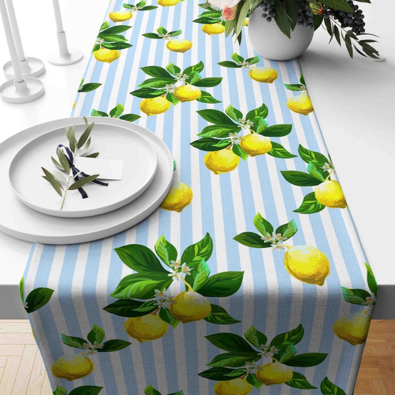 Lemon Floral Table Runner, Striped Citrus Print, Soft Fabric Dining ...
