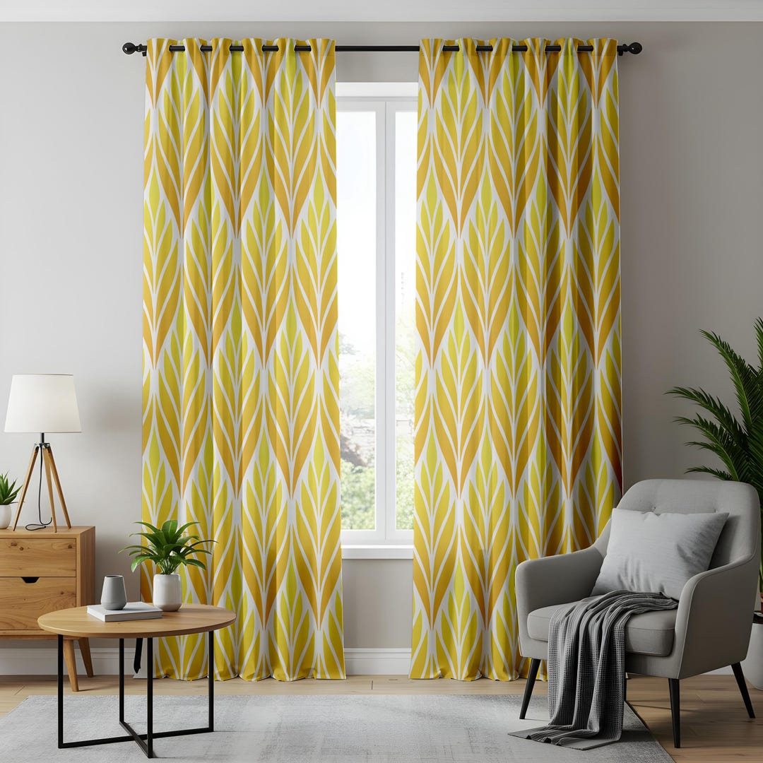 Mustard Yellow Geometric Leaf Curtains, Mid Century Modern Scandi ...