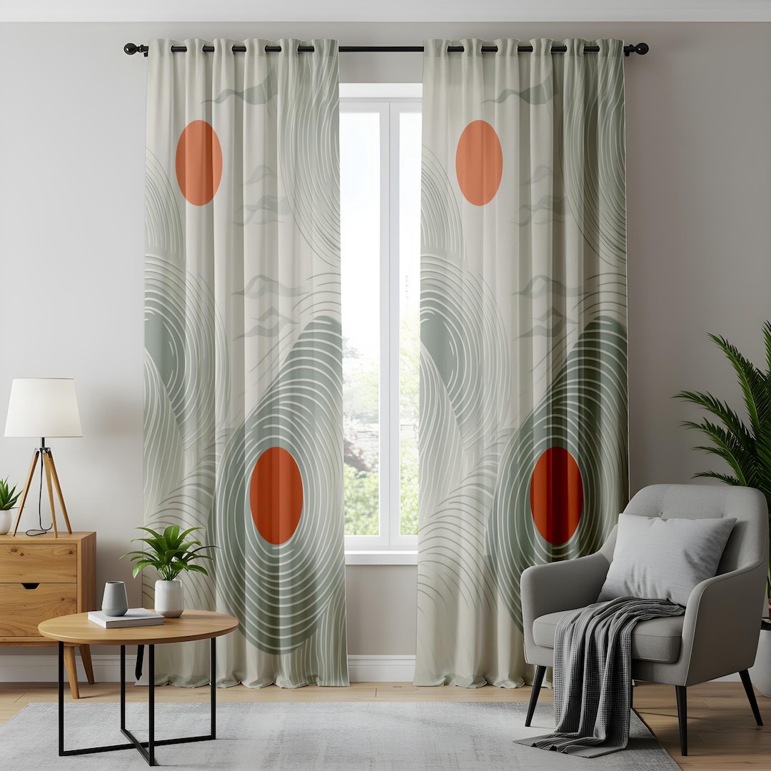 Zen Wave Window Curtains, Green and Rust Abstract Art, Japanese ...