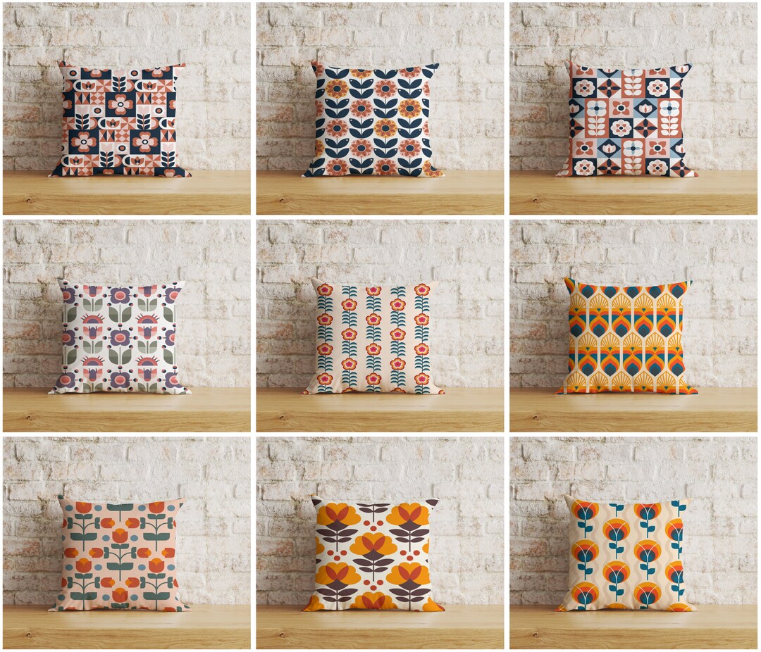 Linear Stem Scandinavian Cushion Cover, Vibrant Retro Floral Pattern ...