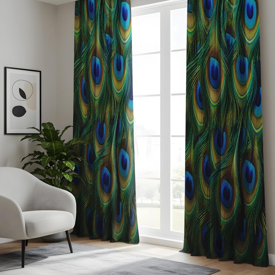 Peacock Feather Window Curtains, Exotic Blue & Green Drapes, Elegant ...