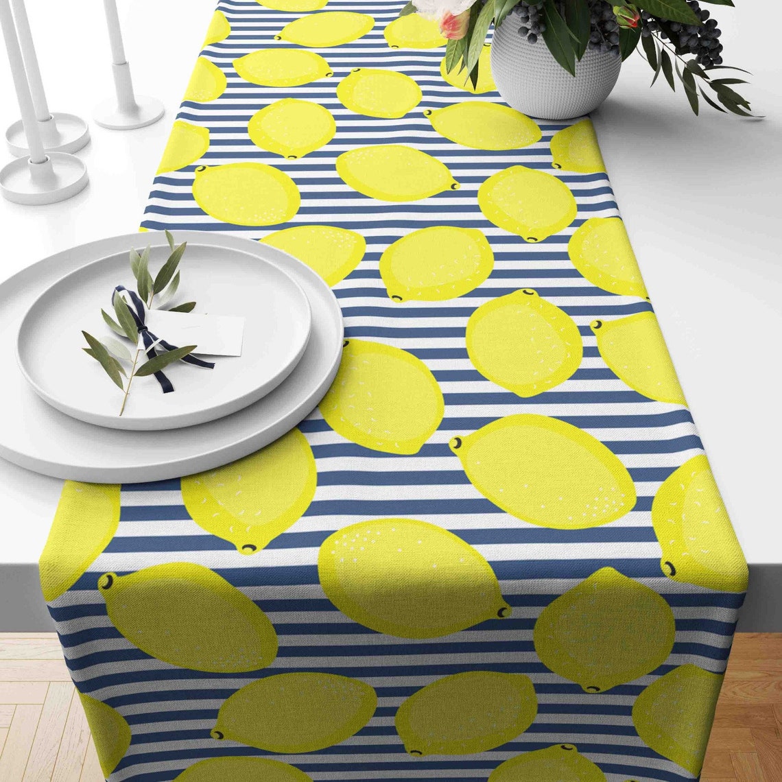 Lemon Design Table Runner, Yellow & Black Tablecloth, Lemon and ...
