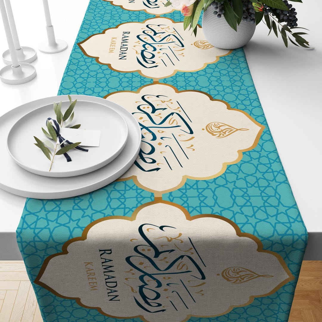 Blue Ramadan Table Runner, Ramadan Tablecloth, Lantern and Mosque ...