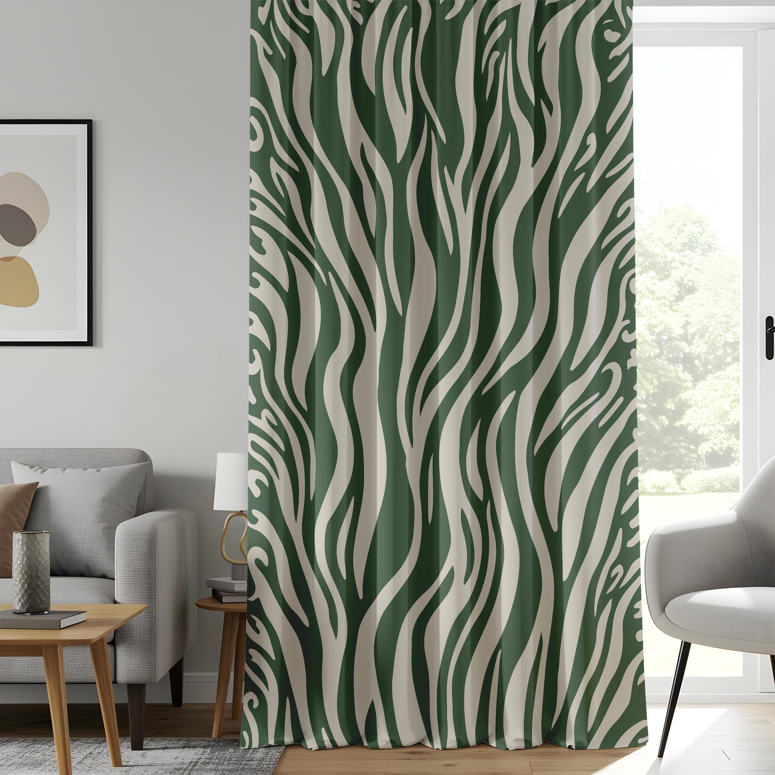 Abstract Wavy Living Room Curtains, Modern Green & Beige Drapes ...