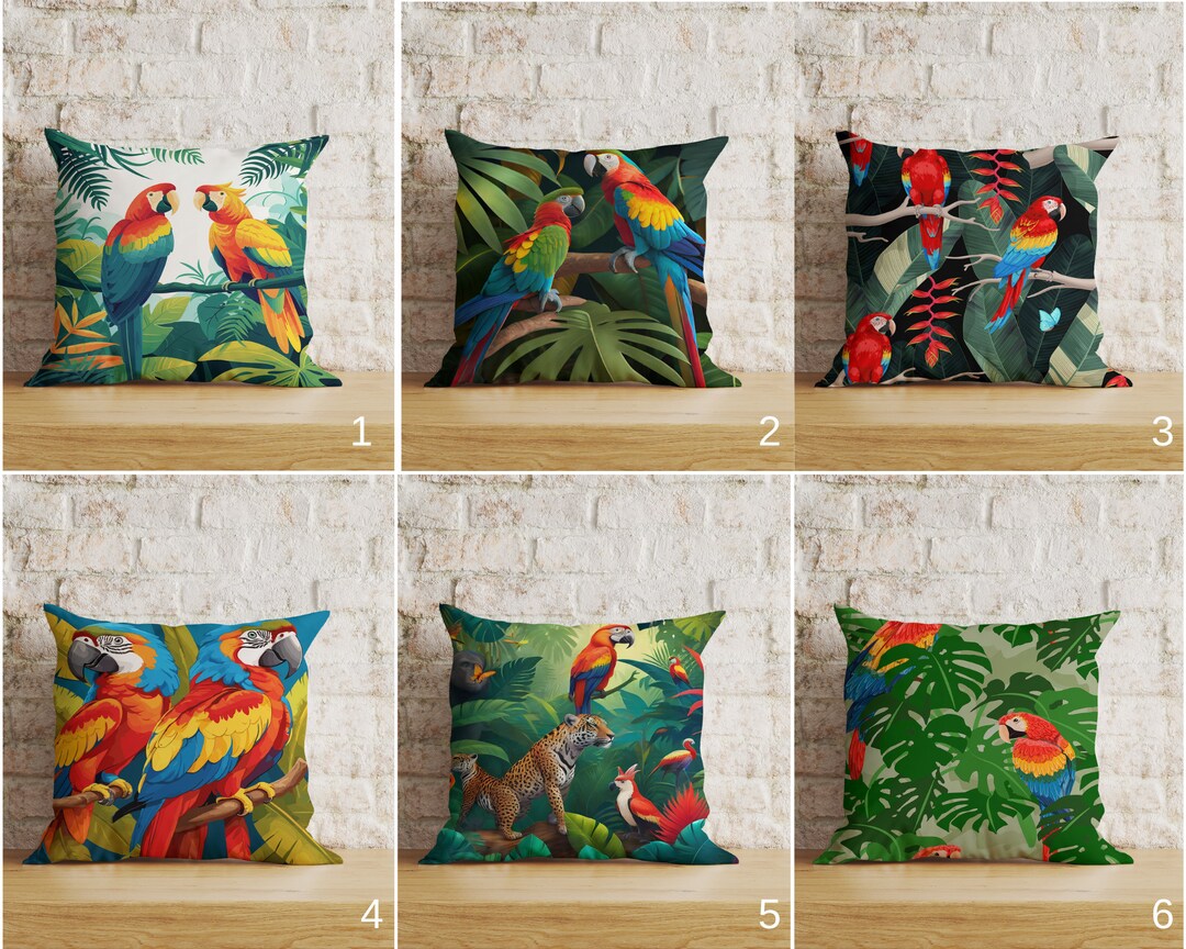 Parrot Cushion Covers, Tropical Jungle Parrot Green Leaf Pillow, Parrot ...