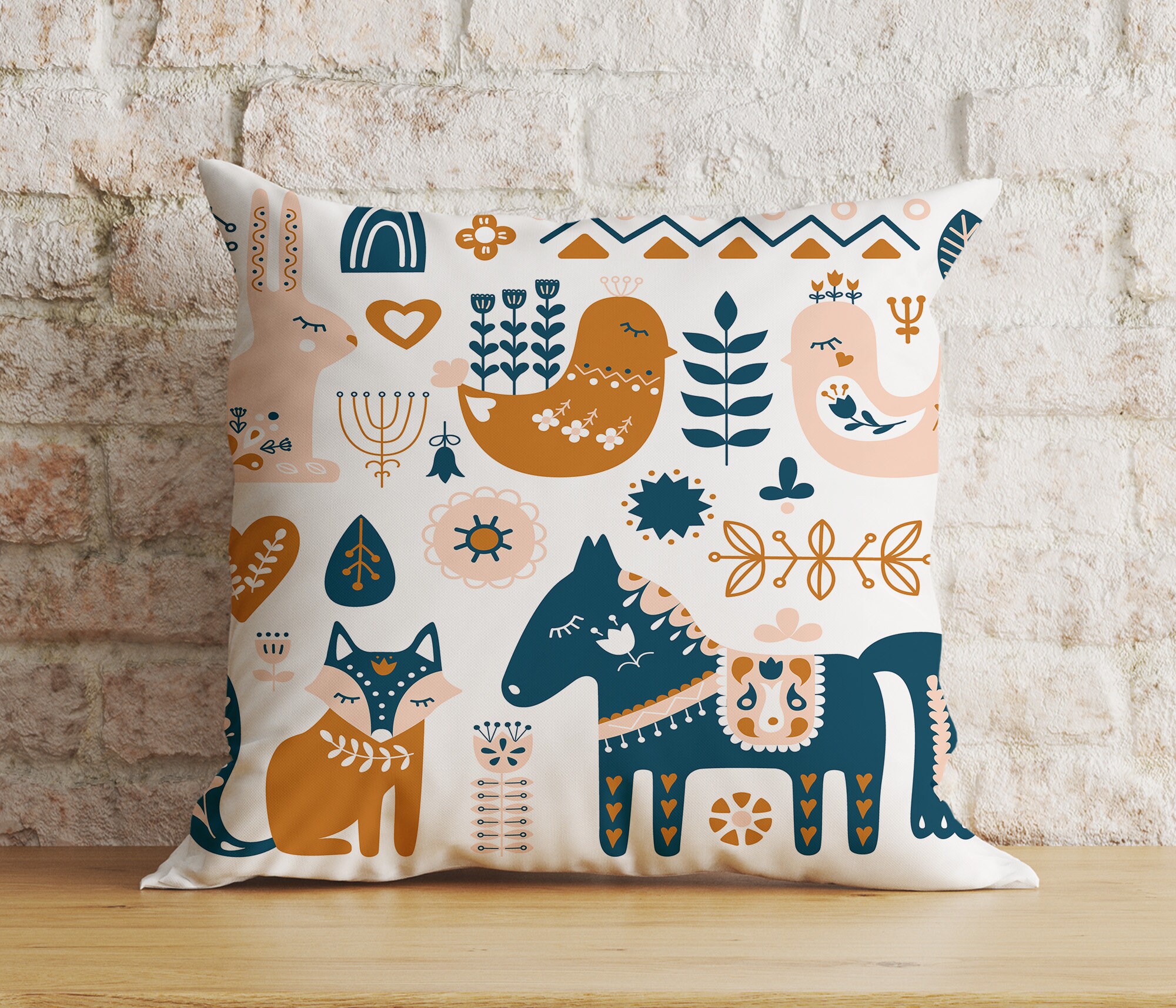 Folk Art Animals Cushion Covers, Folk Art Pillow Cover, Hand Draw Horse ...