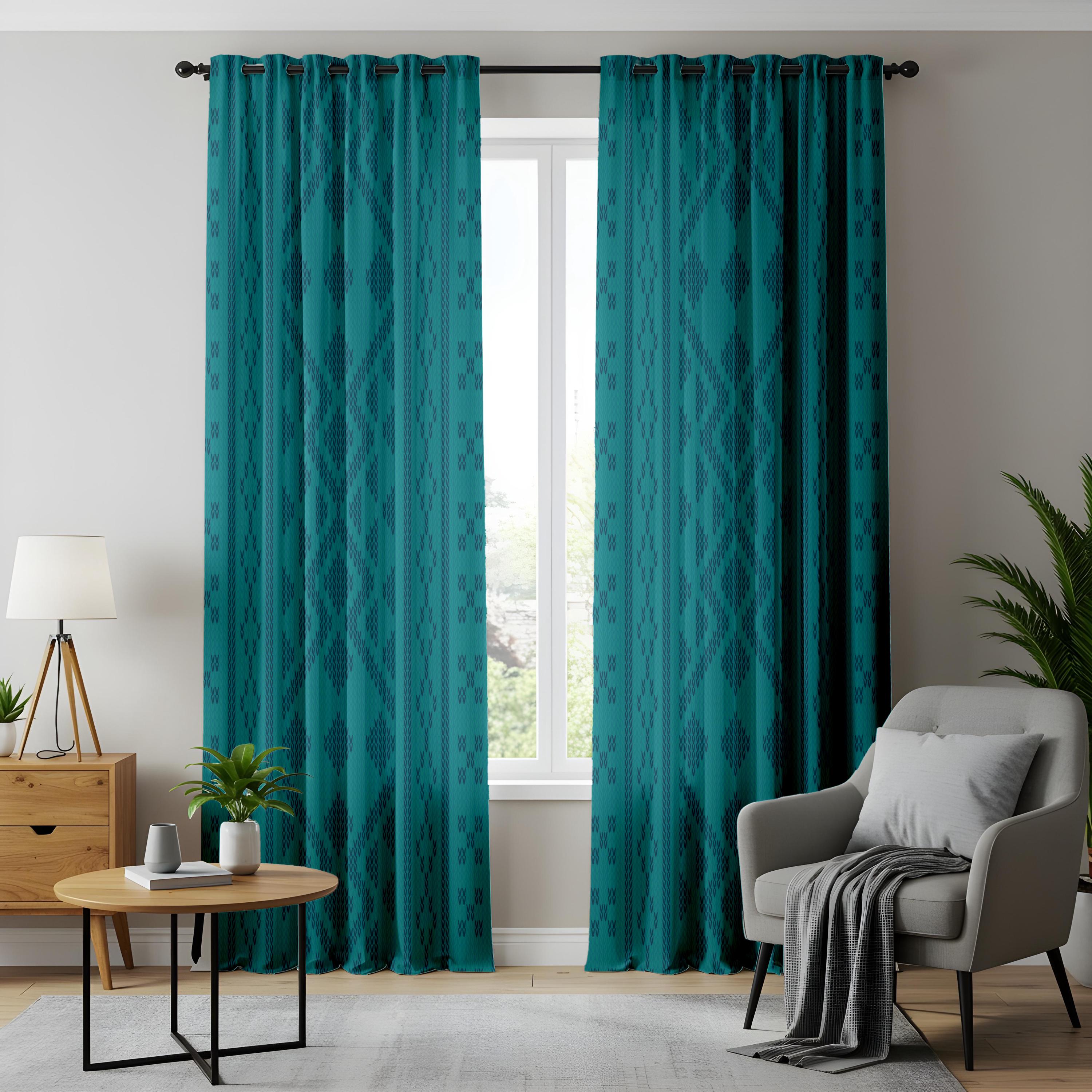 Teal Tribal Window Curtains, Modern Boho Living Room Decor, Ethnic ...