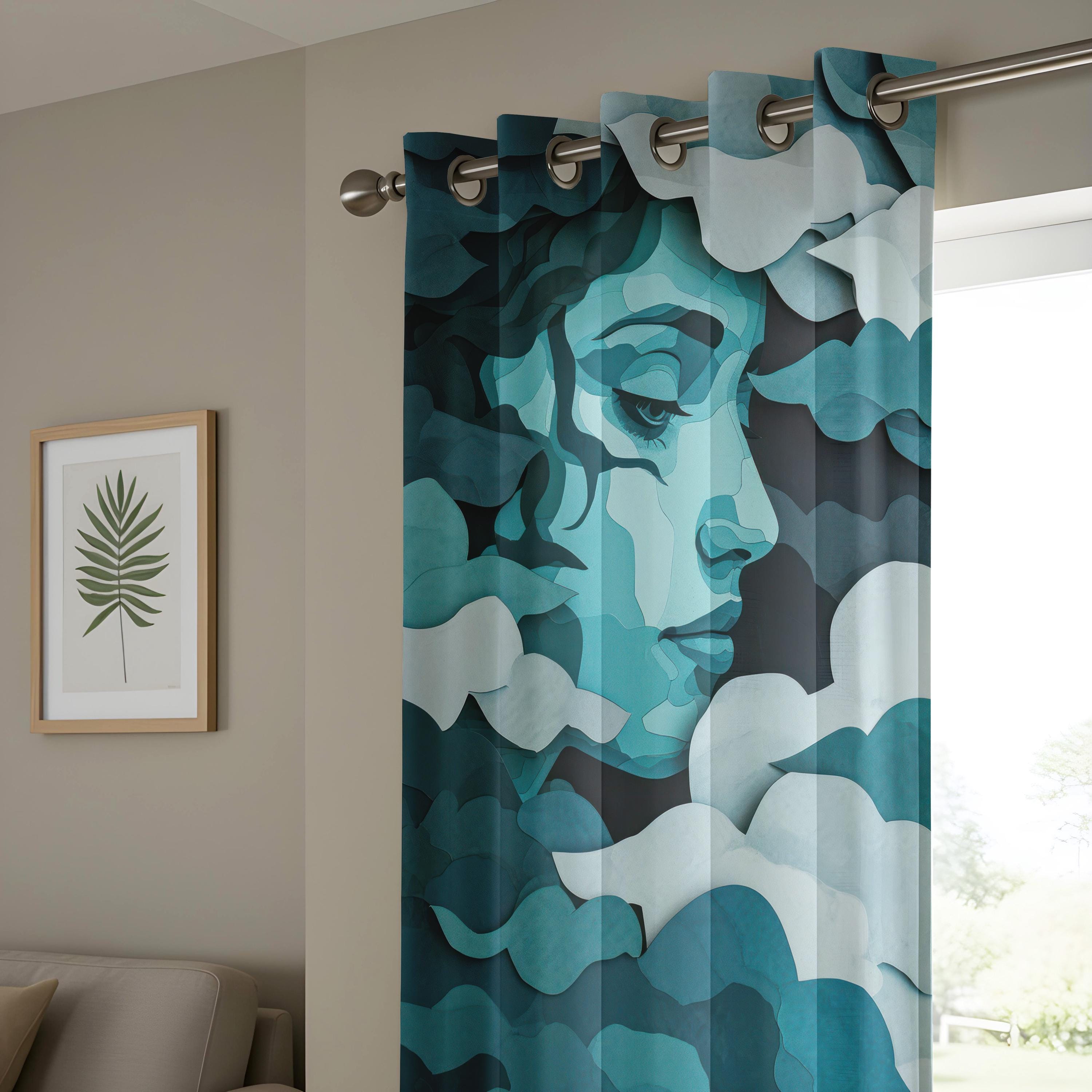 Dreamy Face Living Room Curtains, Abstract Cloud Window Curtains, Blue ...
