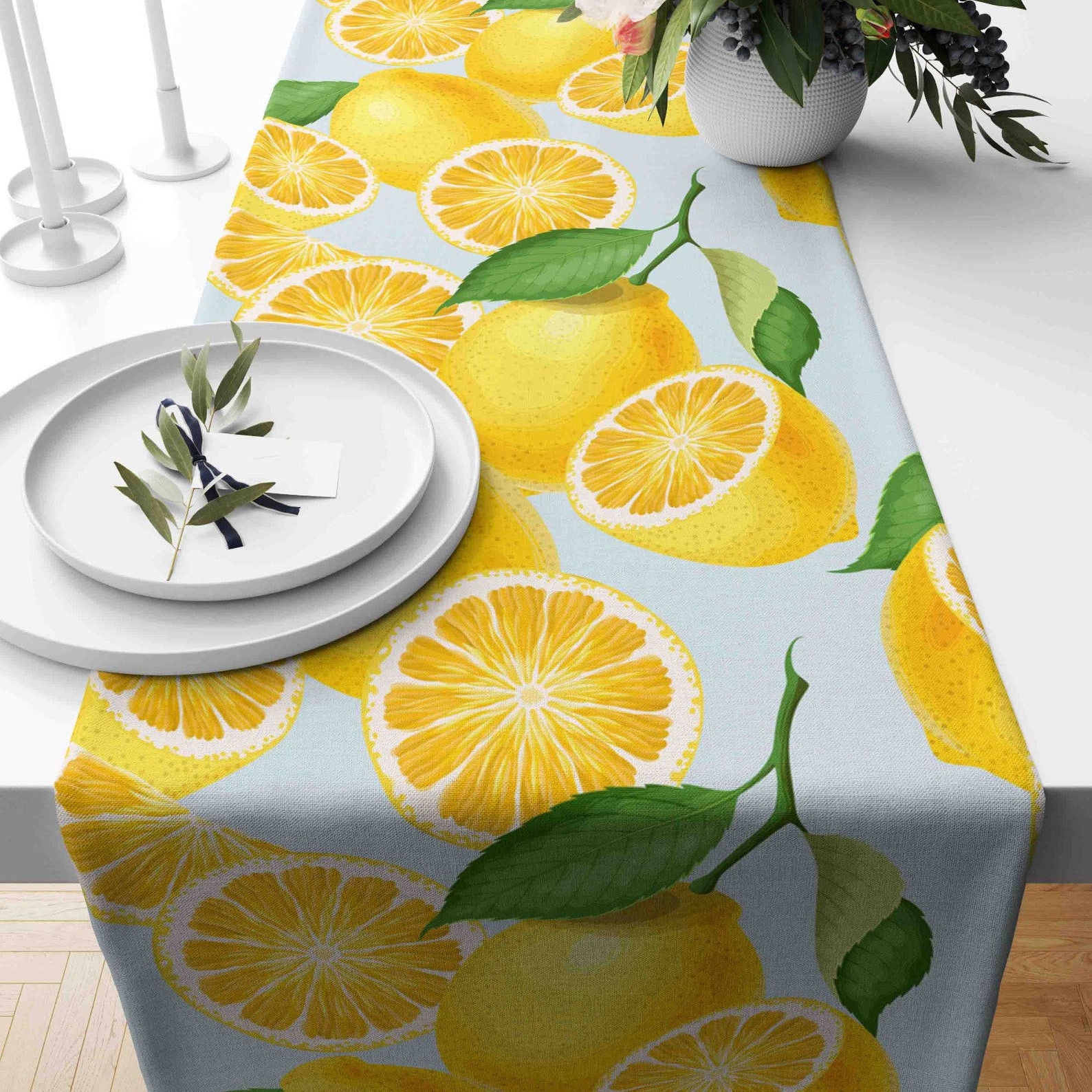 Lemon Design Table Runner, Yellow & Black Tablecloth, Lemon and ...