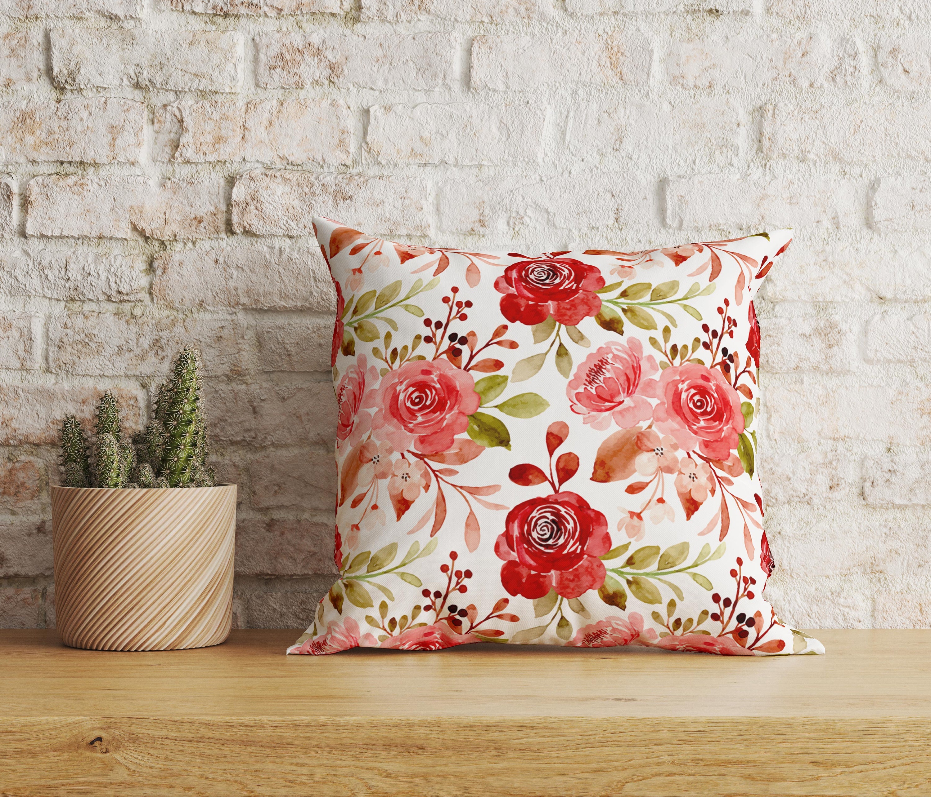 Red Maroon Floral Watercolor Cushion Covers, Red and Pink Rose Cushion ...