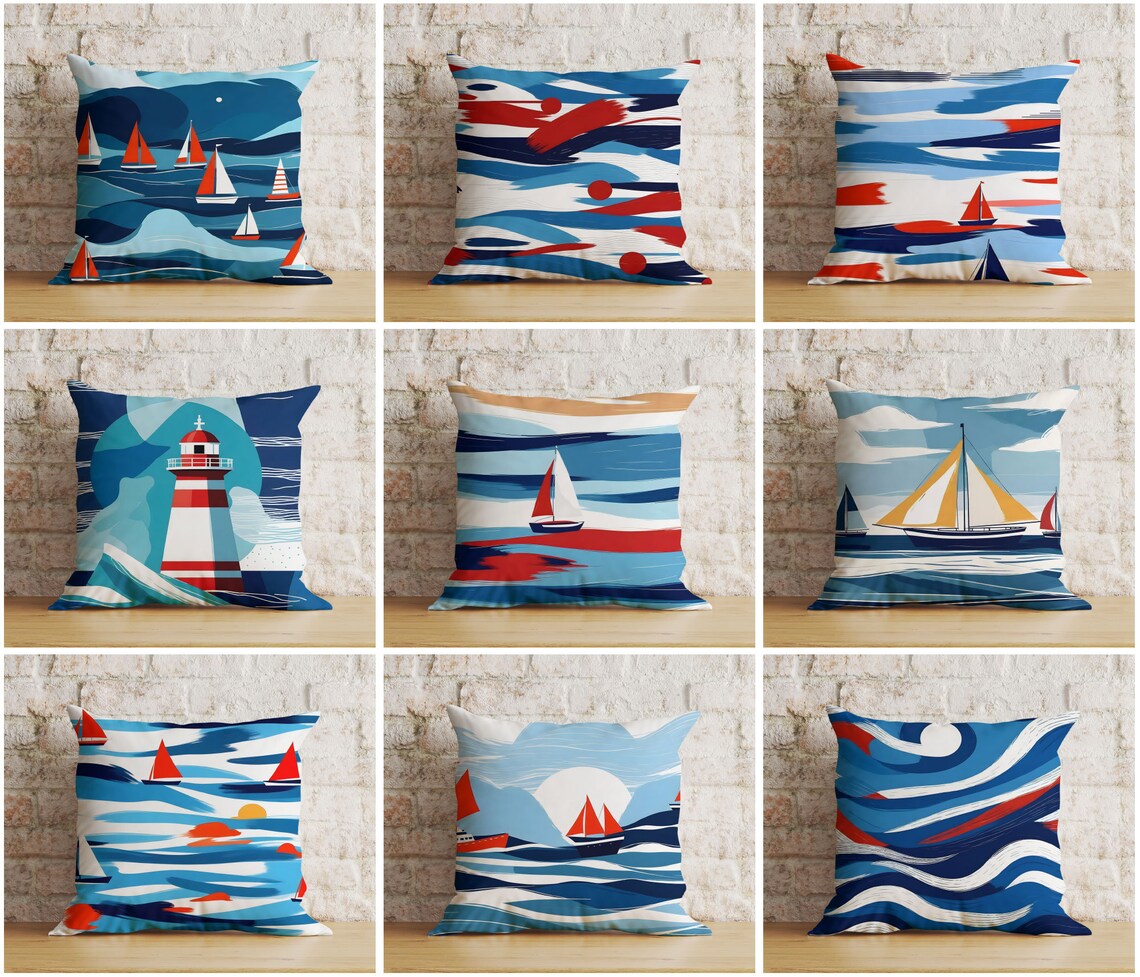 Blue Nautical Pillow Cover, Lighthouse Throw Pillows, Sailboat Pillow ...