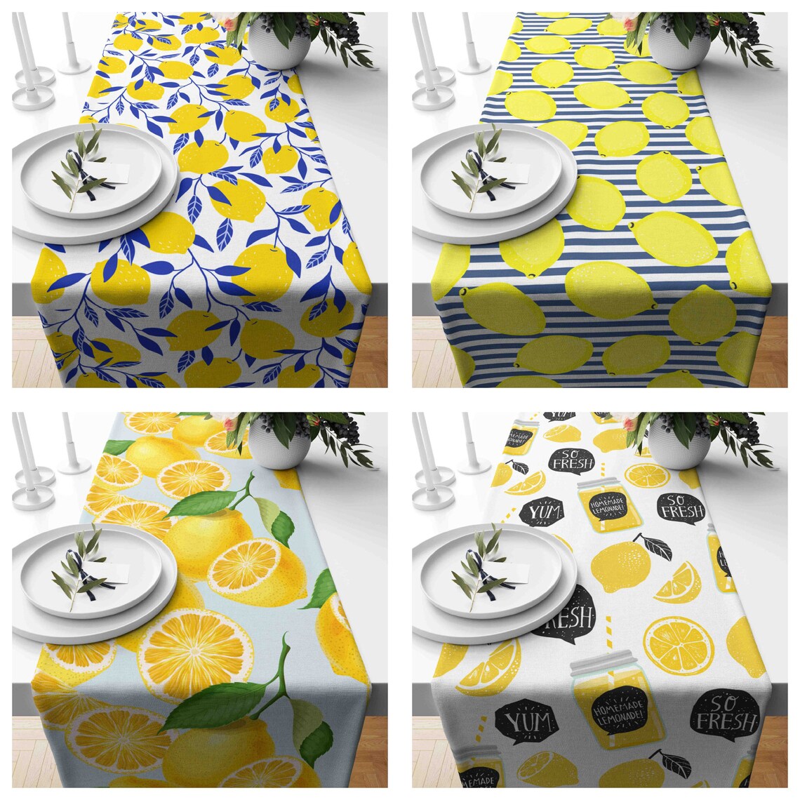 Lemon Design Table Runner, Yellow & Black Tablecloth, Lemon and ...