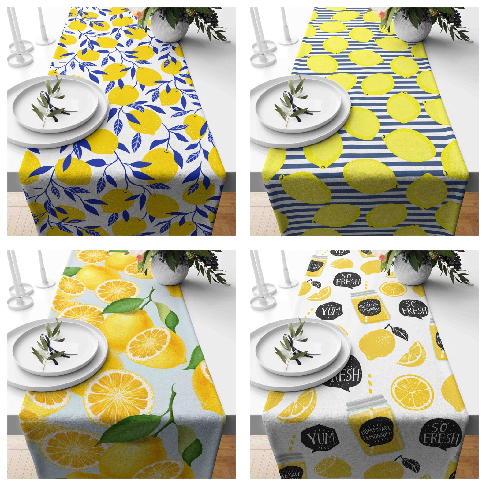 Lemon Design Table Runner, Yellow & Black Tablecloth, Lemon and ...
