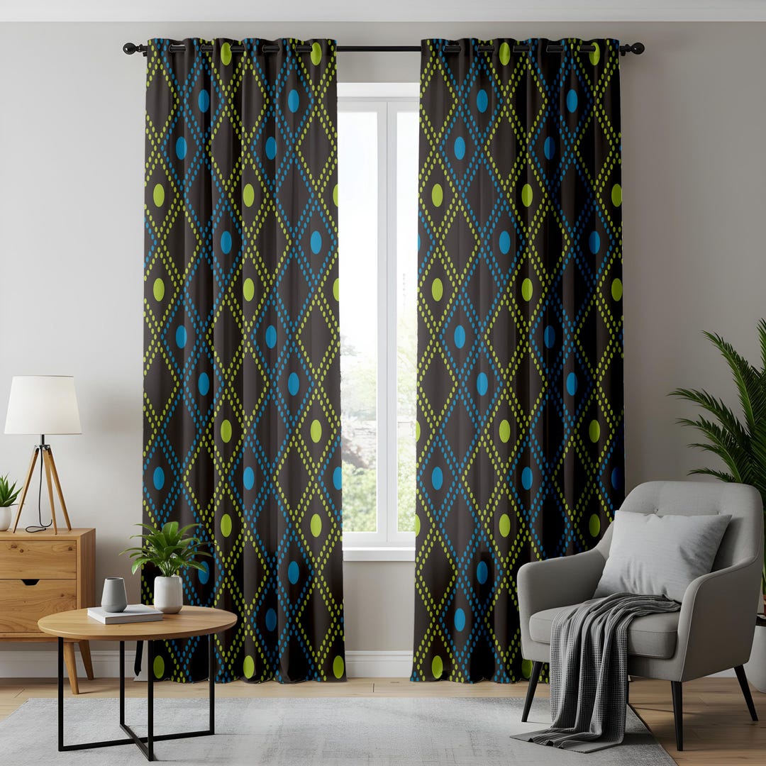 Geometric Diamond Window Curtains, Black & Neon, Custom Length - Etsy