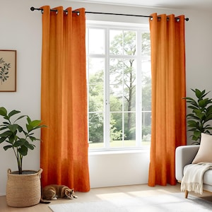 Rust Orange Textured Window Curtains, Warm Autumn Home Decor, Cozy ...