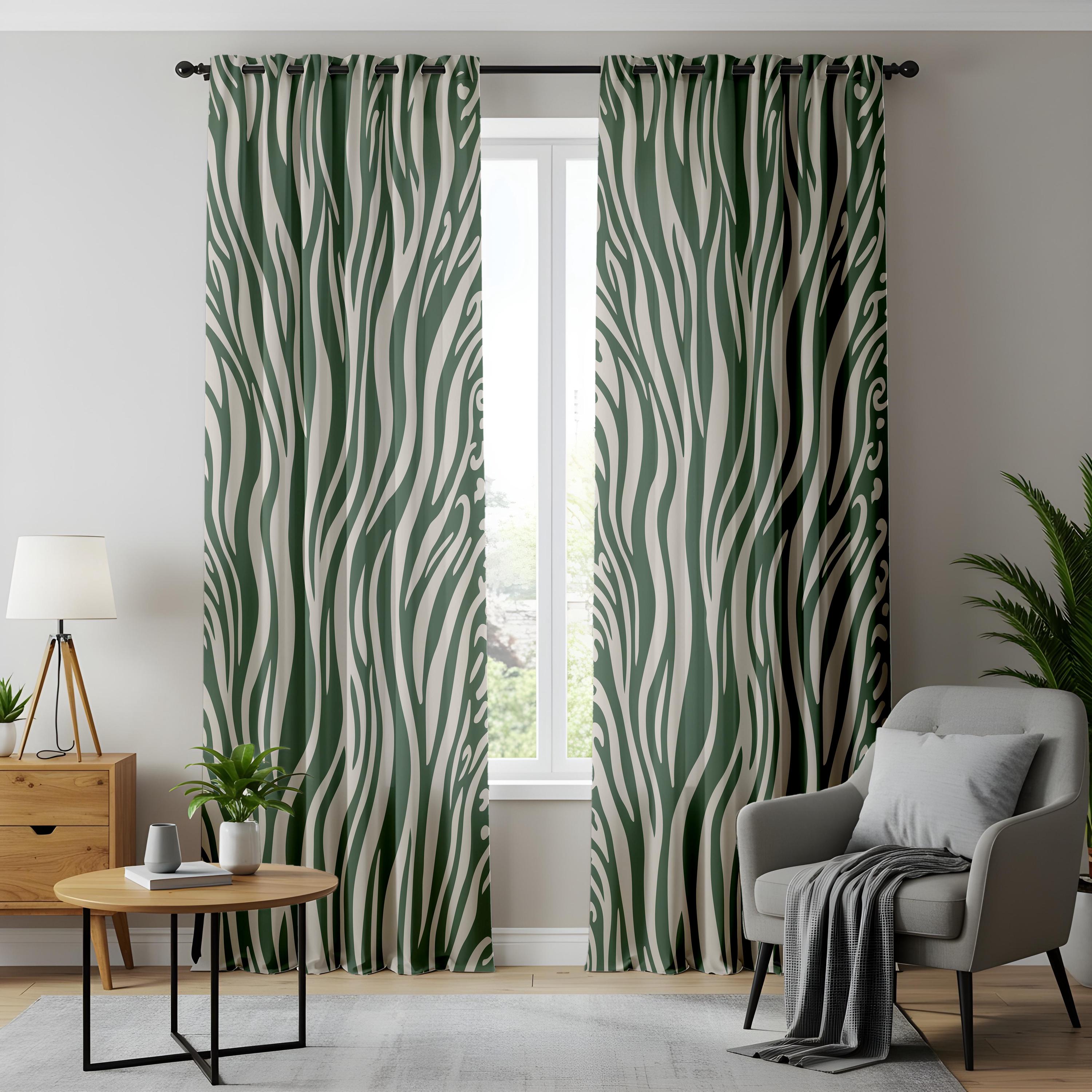 Abstract Wavy Living Room Curtains, Modern Green & Beige Drapes ...