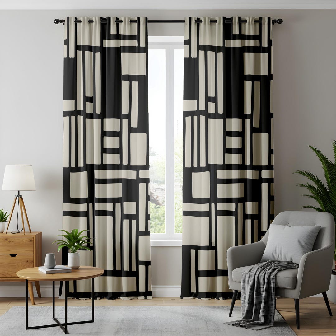 Abstract Geometric Block Curtains, Modern Black Beige Design ...