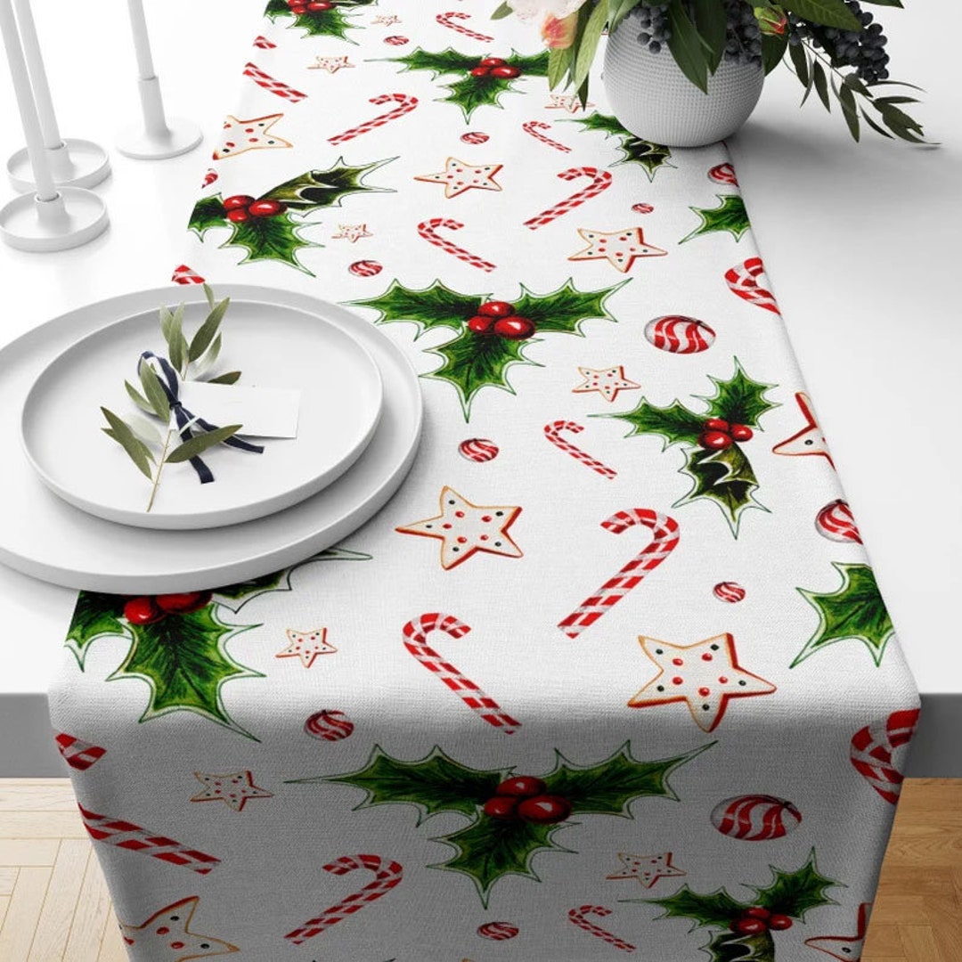 Candy Cane Table Runner, Christmas Table Linens, Red Xmas Tablecloth ...