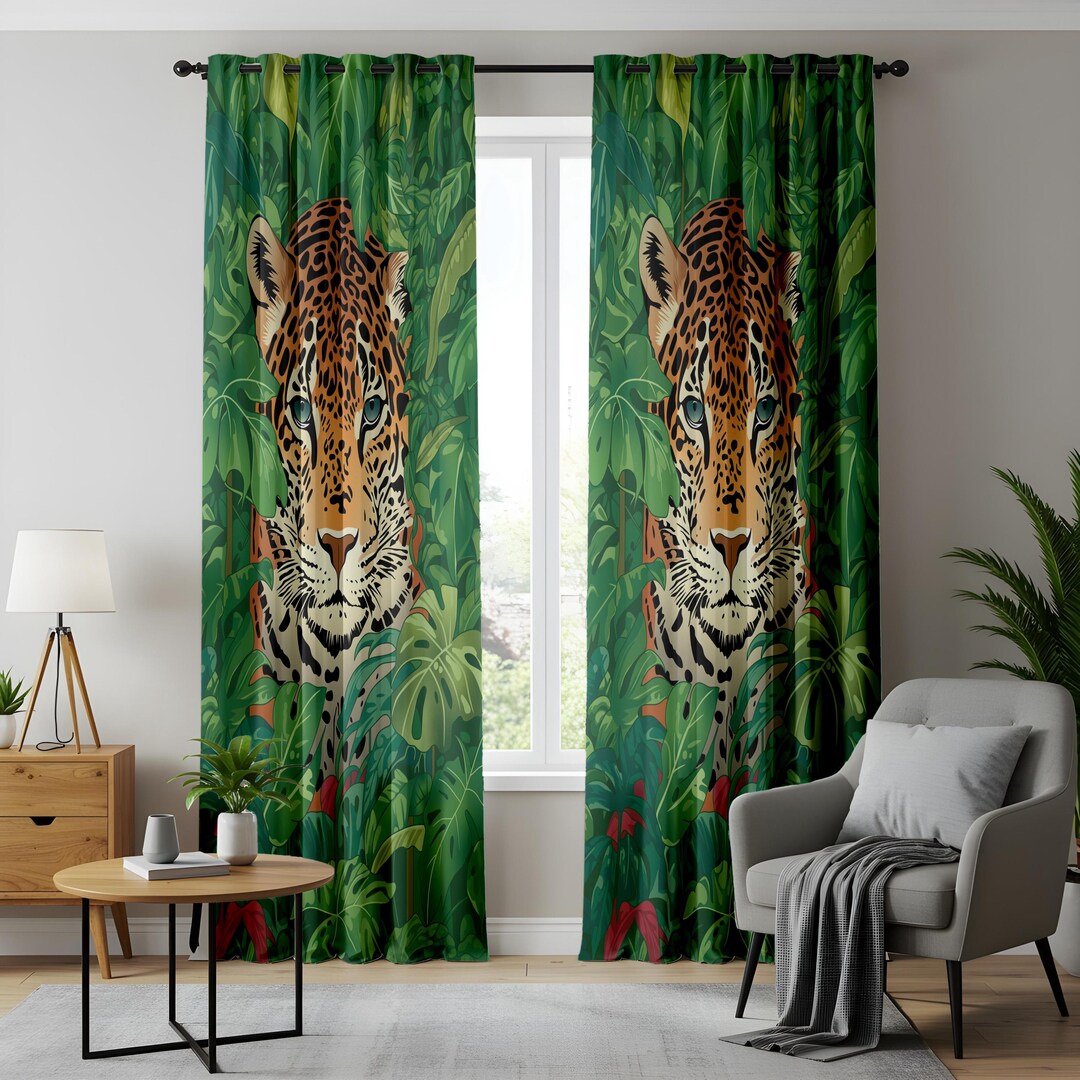 Jungle Leopard Face Curtains, Green Tropical Safari Drapes, Bold ...