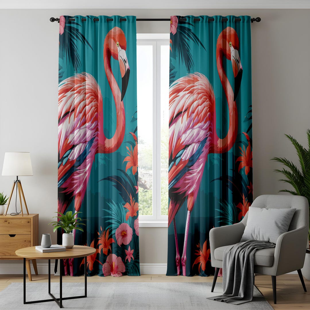 Flamingo Paradise Curtains, Bold Tropical Floral Design, Living Room Statement Drapes, Pink ...