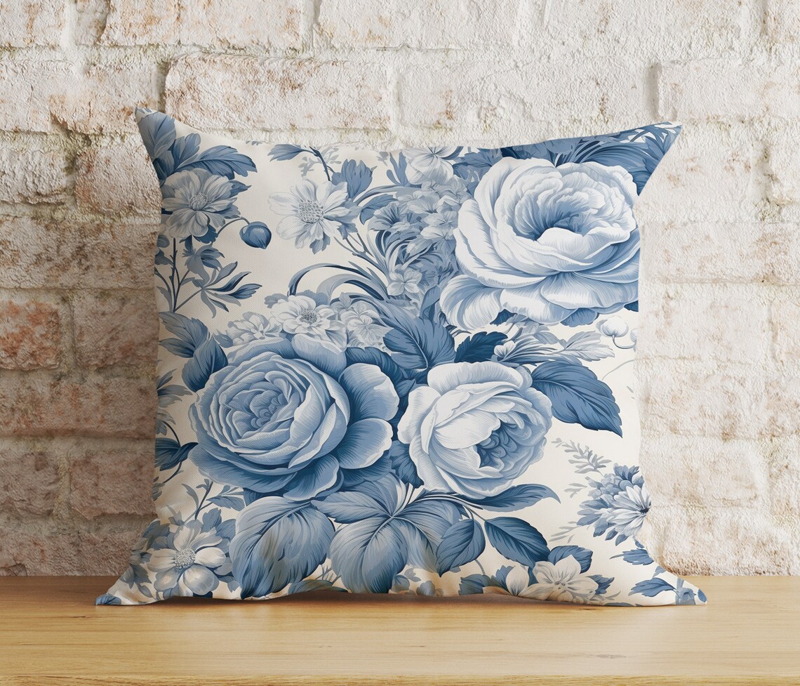 Blue Floral Soft Fabric Cushion Cover, Cottage Chic Pillow - Etsy