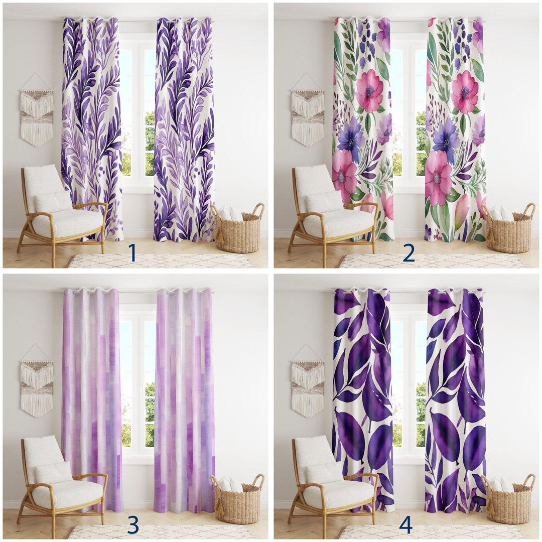 Elegant Purple Floral Curtains for Living Room, Abstract Purple ...