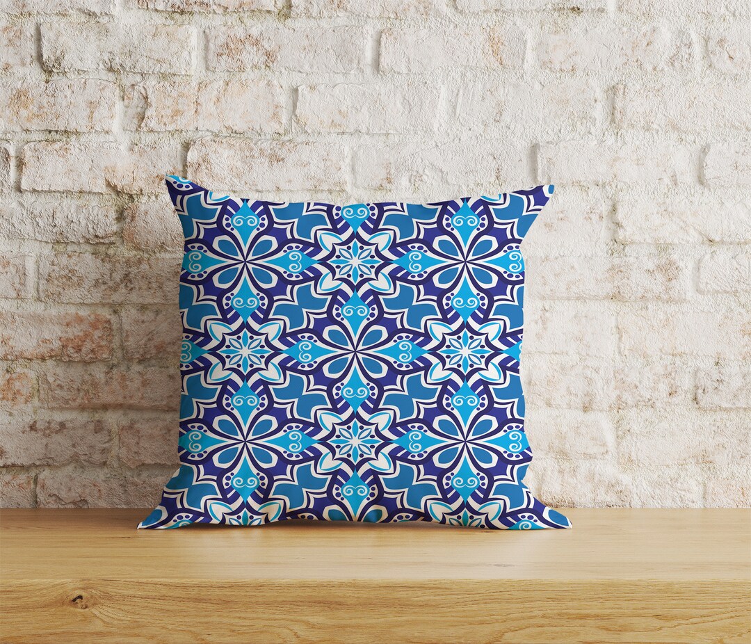 Moroccan Tiles Cushion Cover, Blue Tile Design Pillow Cover, Spanish ...