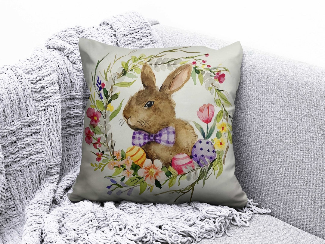 Easter Bunny Cushion Cover, Easter Basket With Eggs, Happy Easter ...
