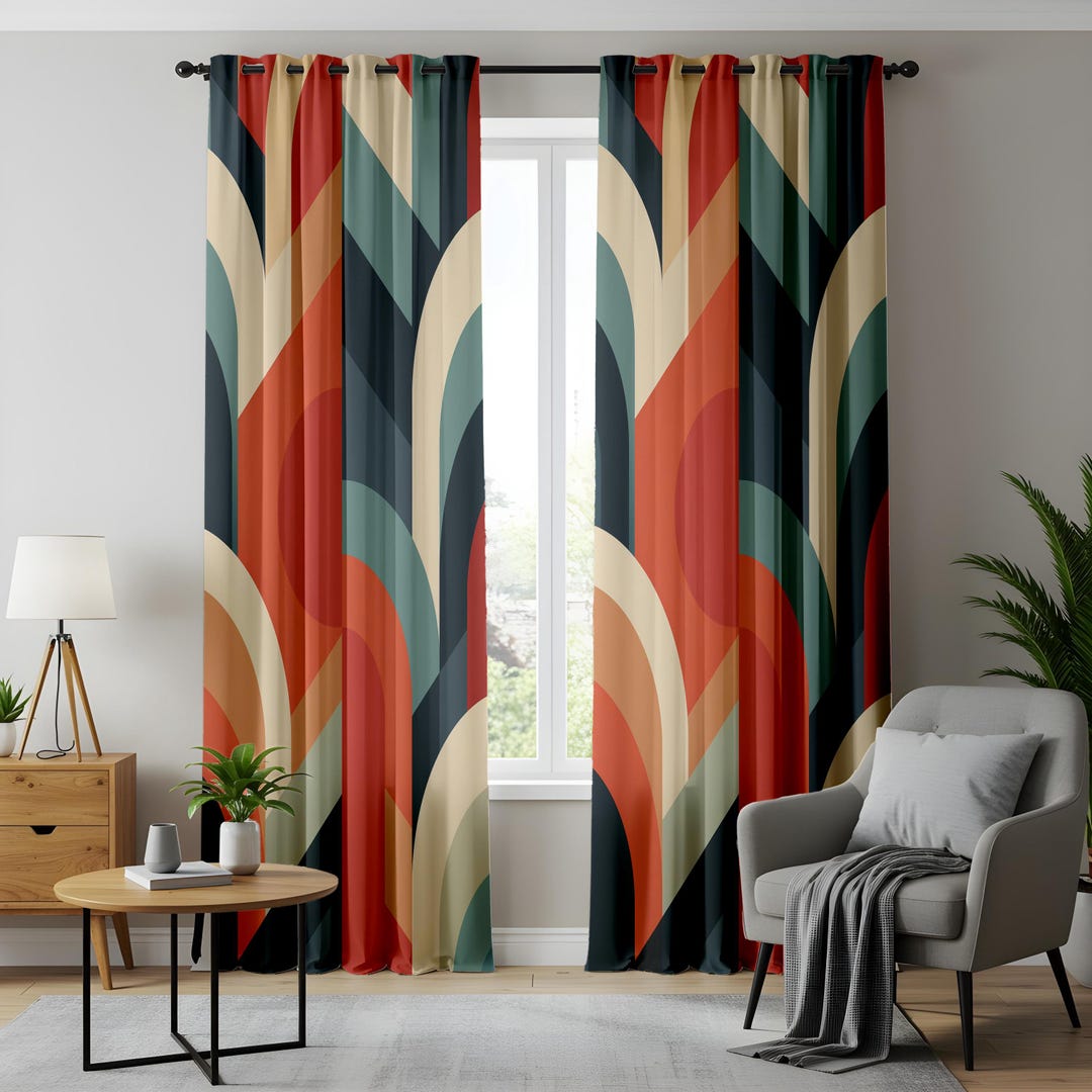 Retro Geometric Curtains, Colorful Abstract Mid Century Drapes ...