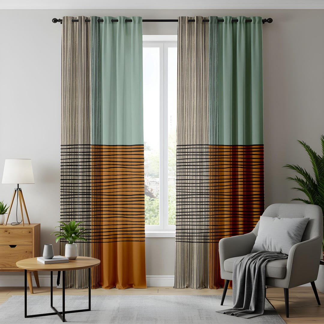 Mid-century Modern Geometric Curtains, Hand-drawn Abstract Line Pattern ...