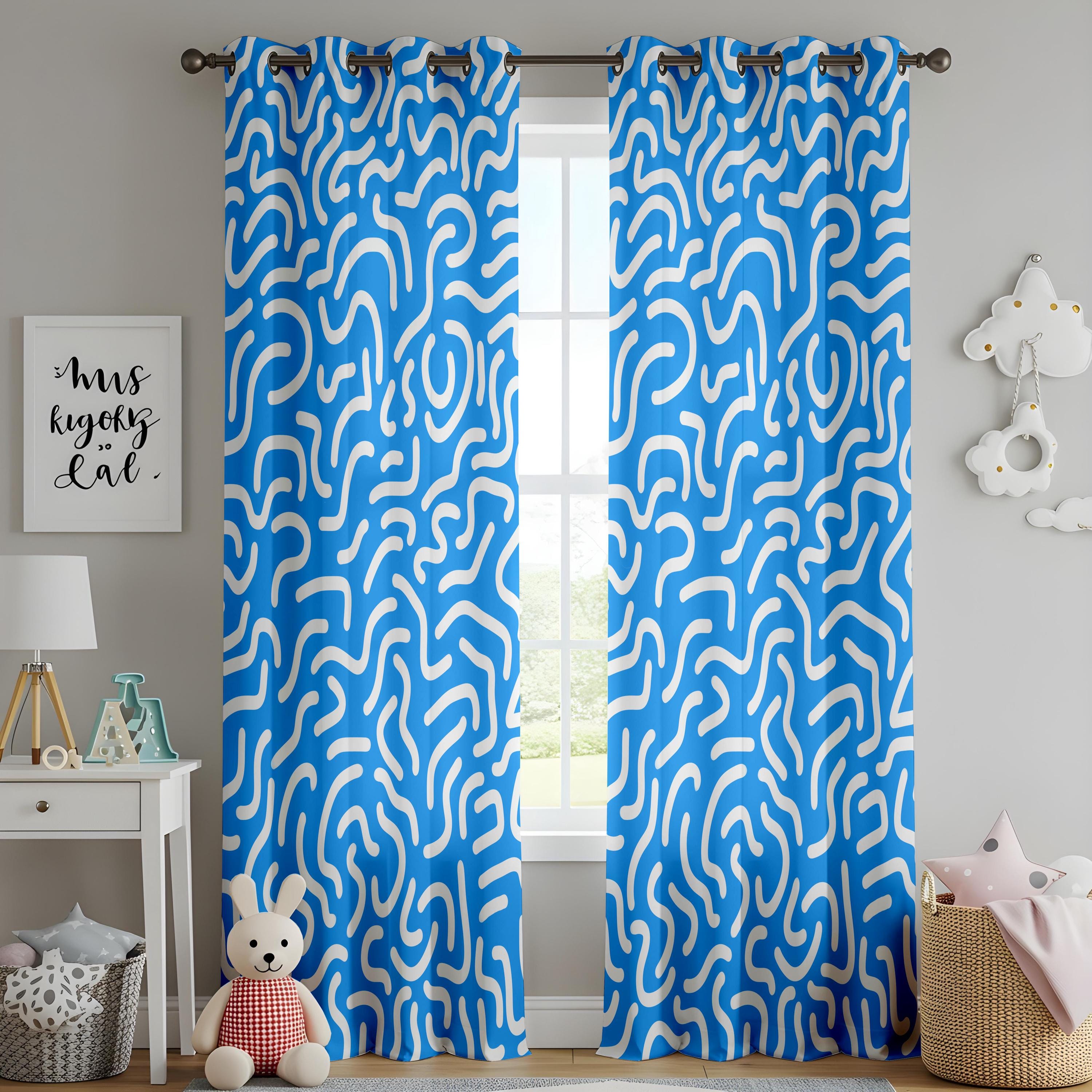 Abstract Blue Curtains for Living Room, Funky Wavy Pattern Curtains ...