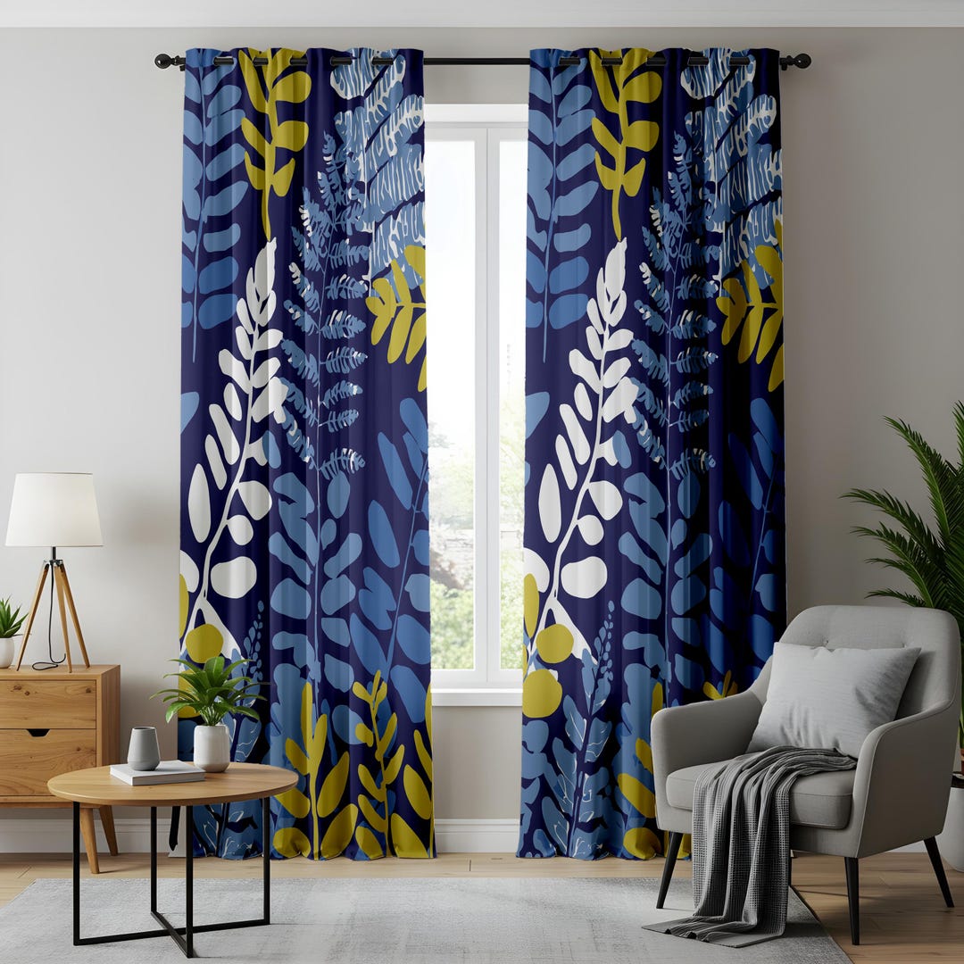 Blue Botanical Window Curtains, Tropical Leaf Print, Custom Length - Etsy