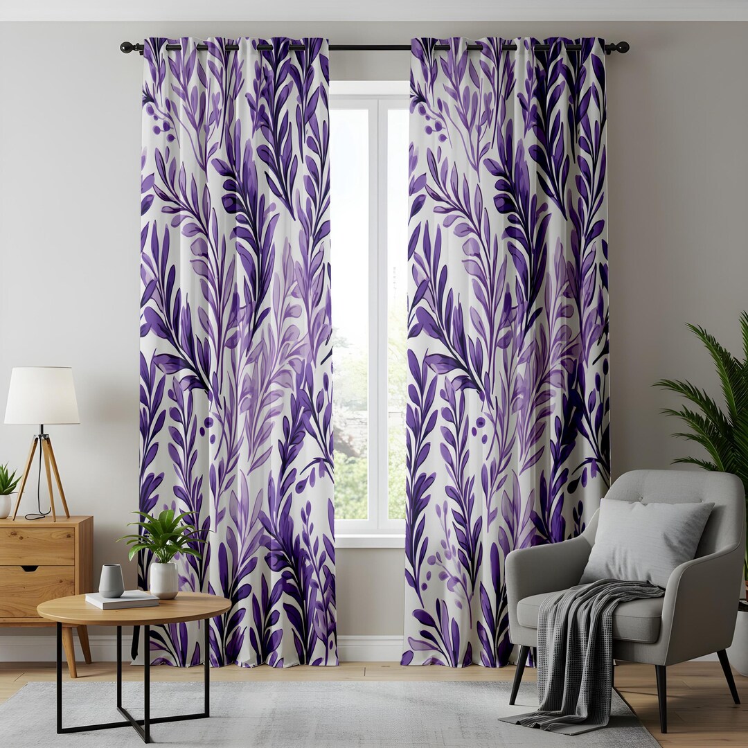Purple Floral Botanical Watercolor Curtains, Abstract Leaf Print Drapes ...