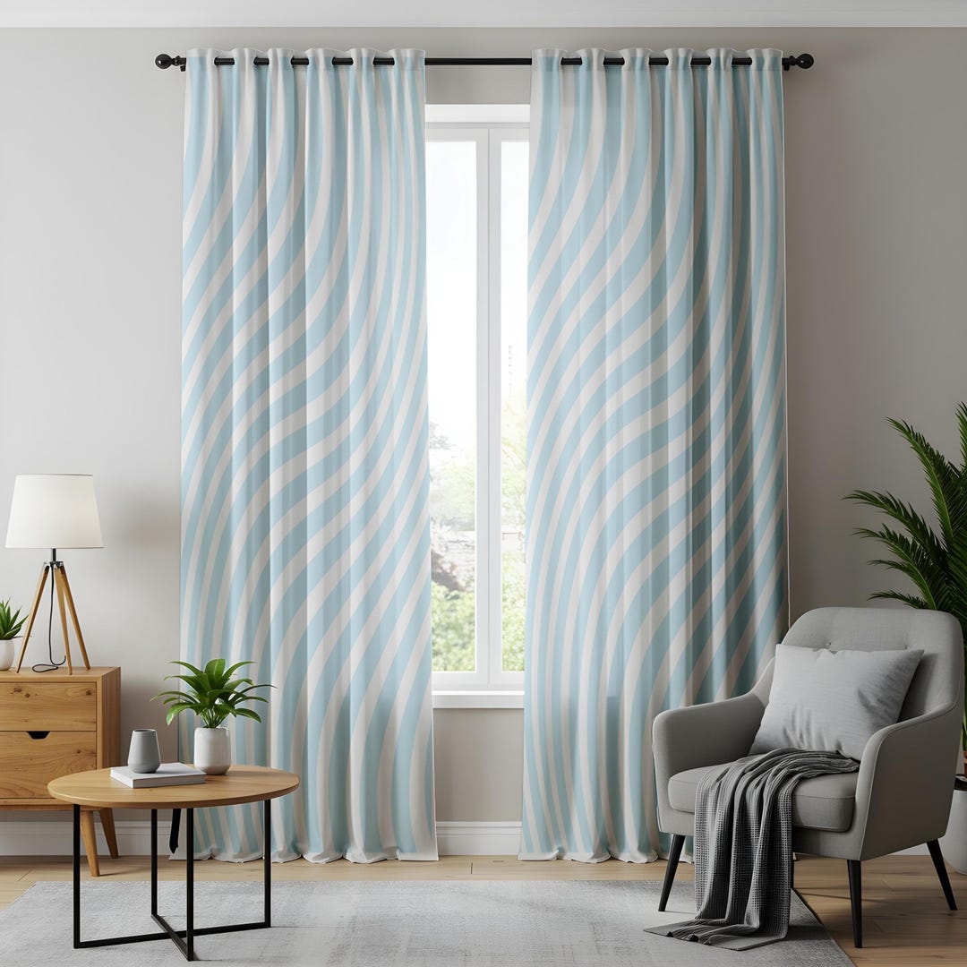 Light Blue Wave Pattern Curtains, Minimalist Modern Window Drapes, Soft ...