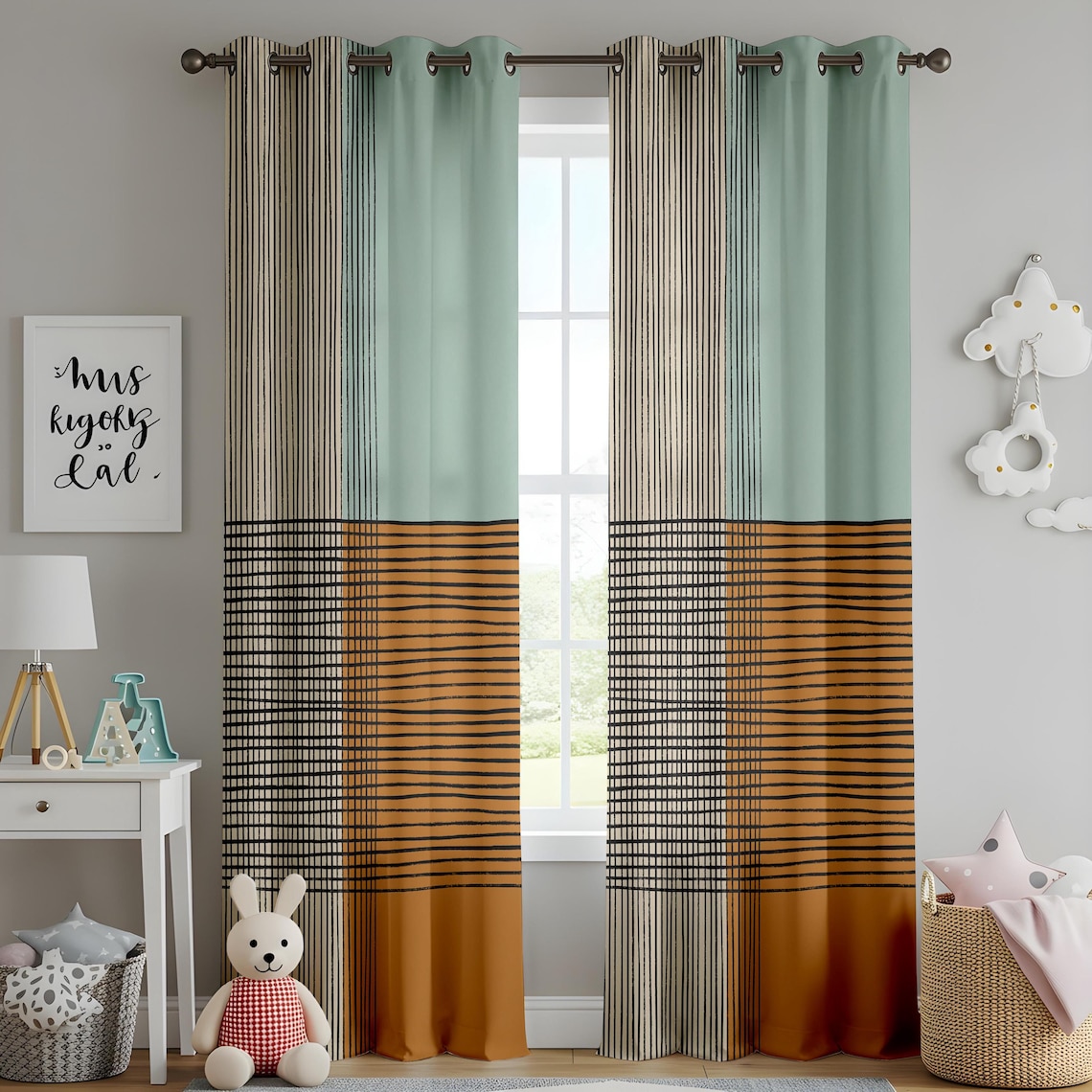 Mid-century Modern Geometric Curtains, Hand-drawn Abstract Line Pattern ...