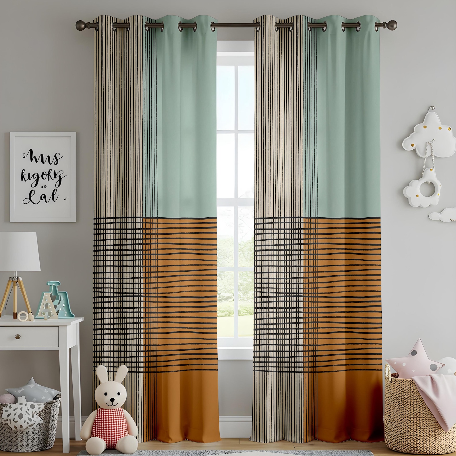 Mid-century Modern Geometric Curtains, Hand-drawn Abstract Line Pattern ...