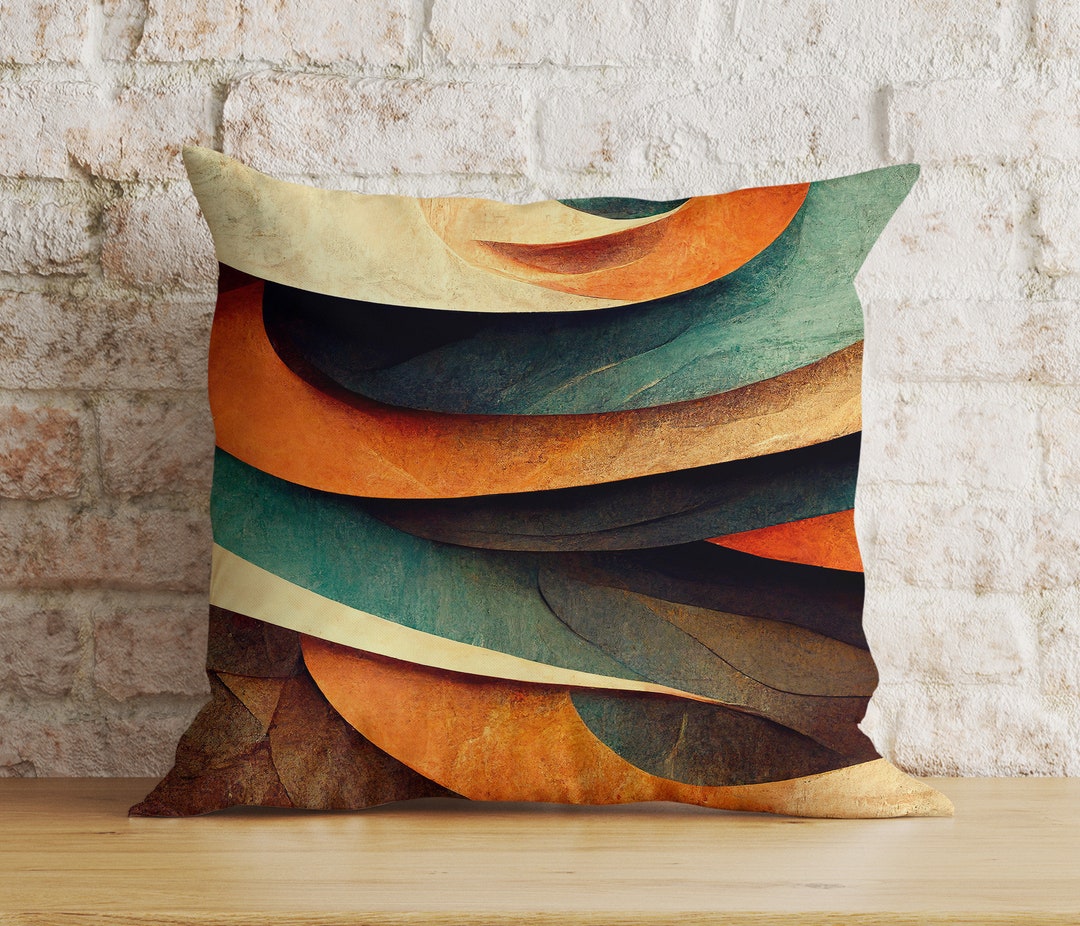 Abstract Painting Cushion Covers, Modern Orange Blue & Beige Pillow ...