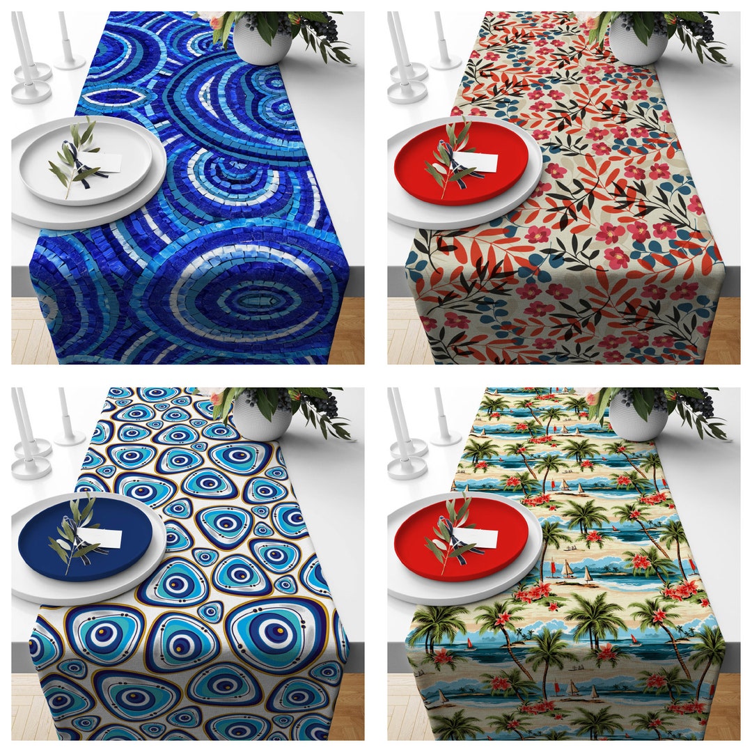 Evil Eye Table Runners, Blue Good Luck Tablecloth, Blue Bead Kitchen ...