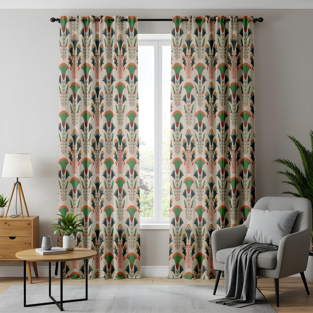 Green Orange Art Deco Fan Curtains, Egyptian Revival Papyrus Drapes ...