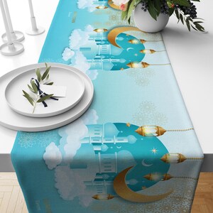 Blue Ramadan Table Runner, Ramadan Tablecloth, Lantern and Mosque ...