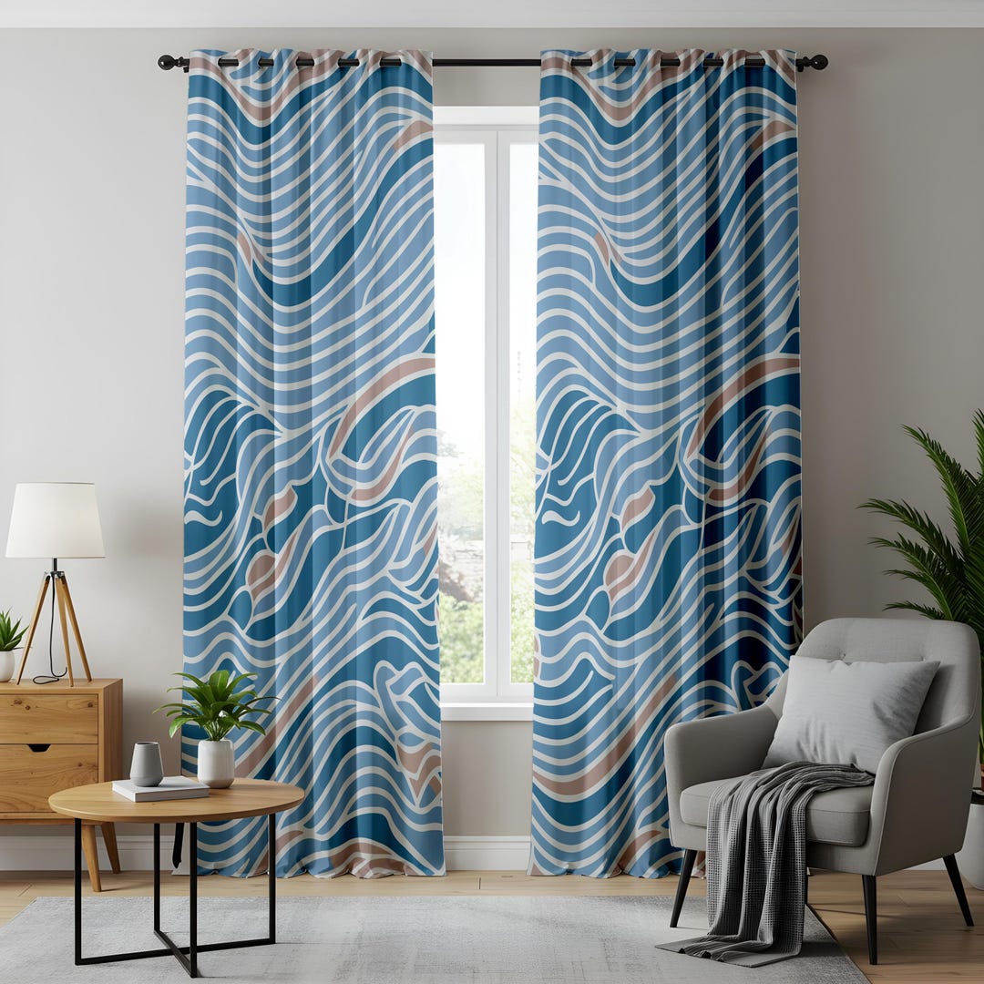 Abstract Waves Pattern Curtains, Blue Beige Tones, Modern Coastal ...