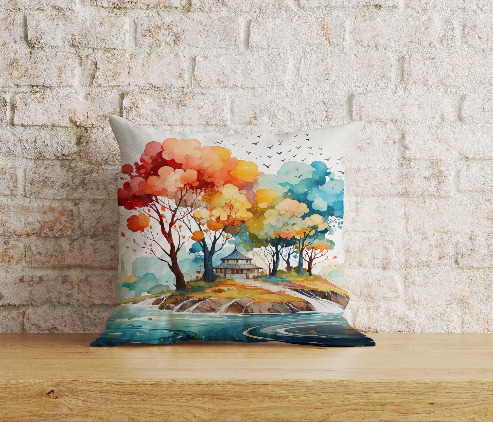 Watercolor Zen Garden Cushion Covers, Montain Tree Jungle and Sun ...