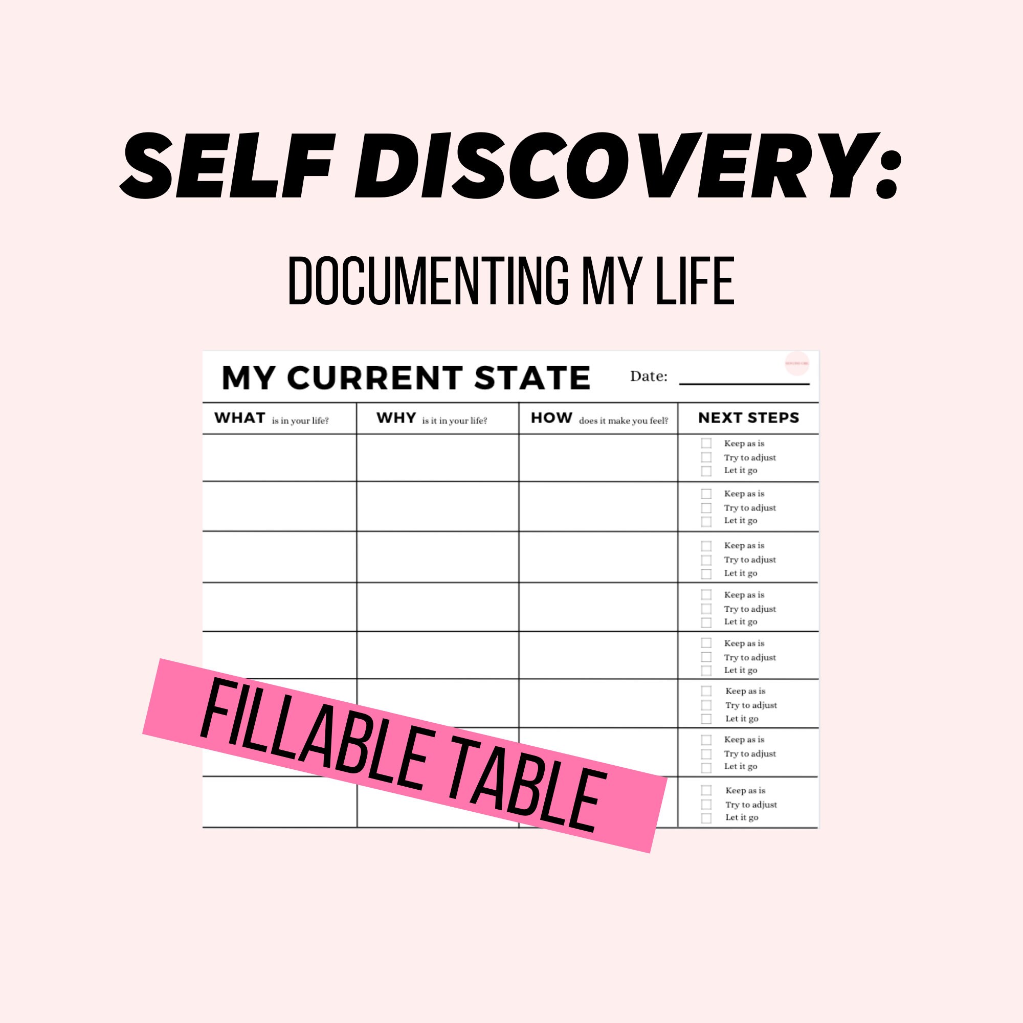 Self Discovery Worksheet: Documenting My Current Life & Areas for ...