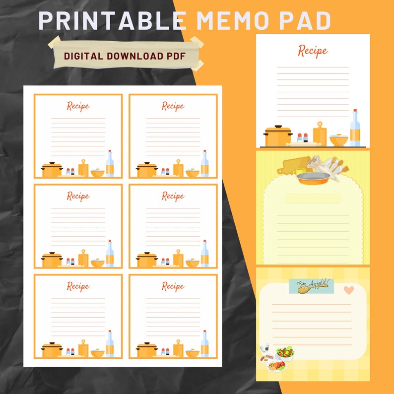Cute Kitchen Tools Printable Memo Pad, Notes, Daily Journal, Templates ...
