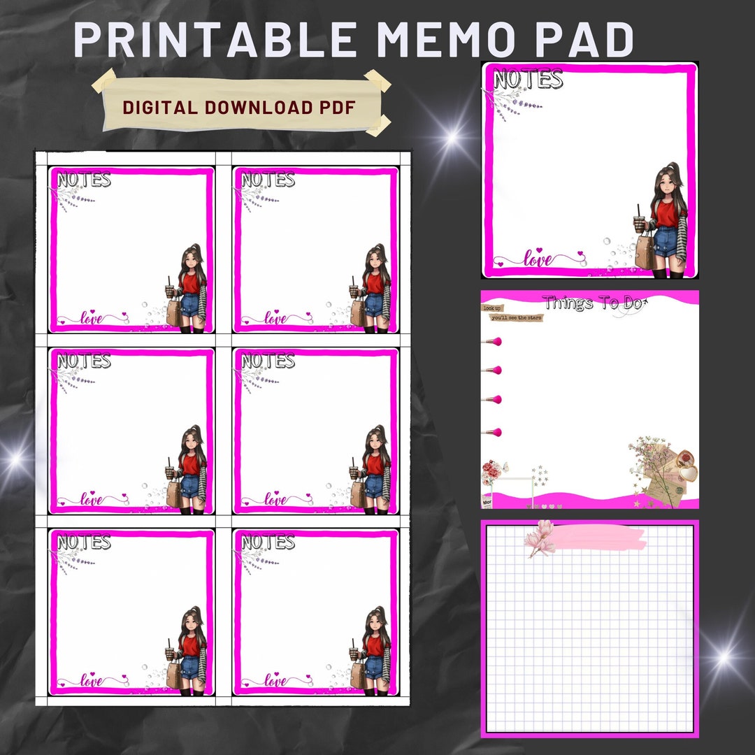 Cute Pink Girl Printable Memo Pad, Notes, Daily Journal, Templates ...