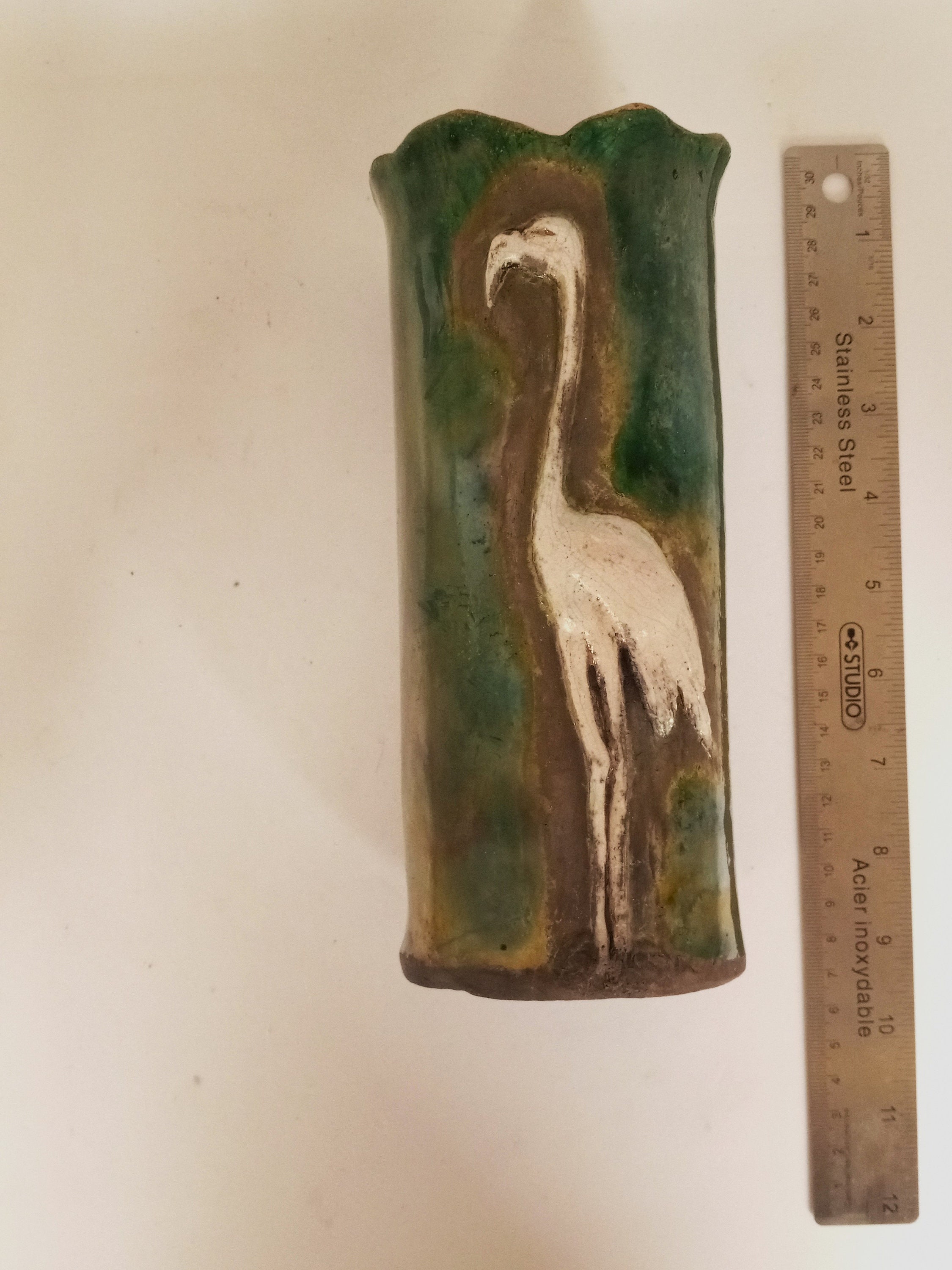 RAKU POTTERY Hand-built Vase With Flamingo Sculpture Home Décor Made ...