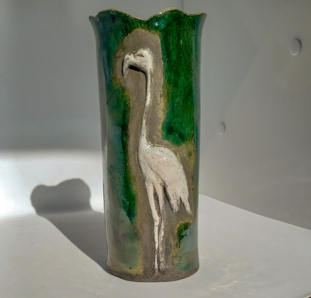 RAKU POTTERY Hand-built Vase With Flamingo Sculpture Home Décor Made ...