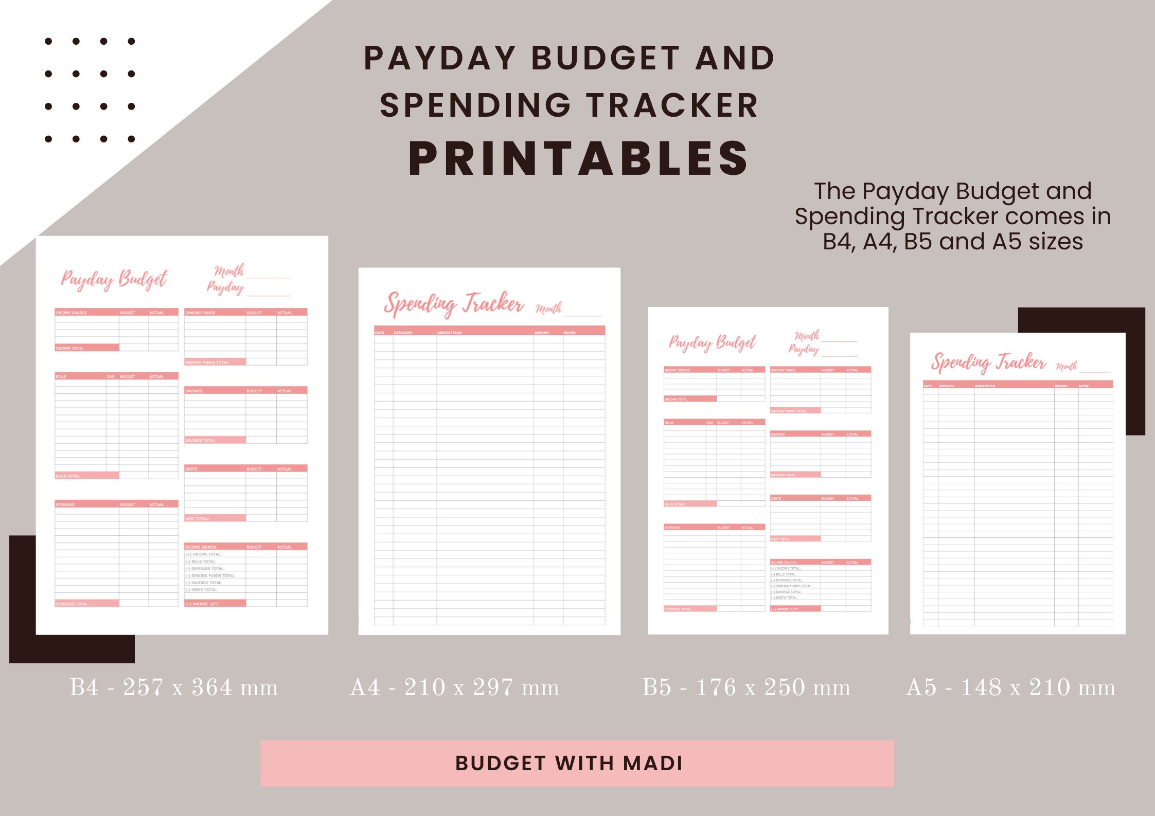 Printable Payday Budget and Monthly Spending Trackers | A4 A5 B5 B4 ...
