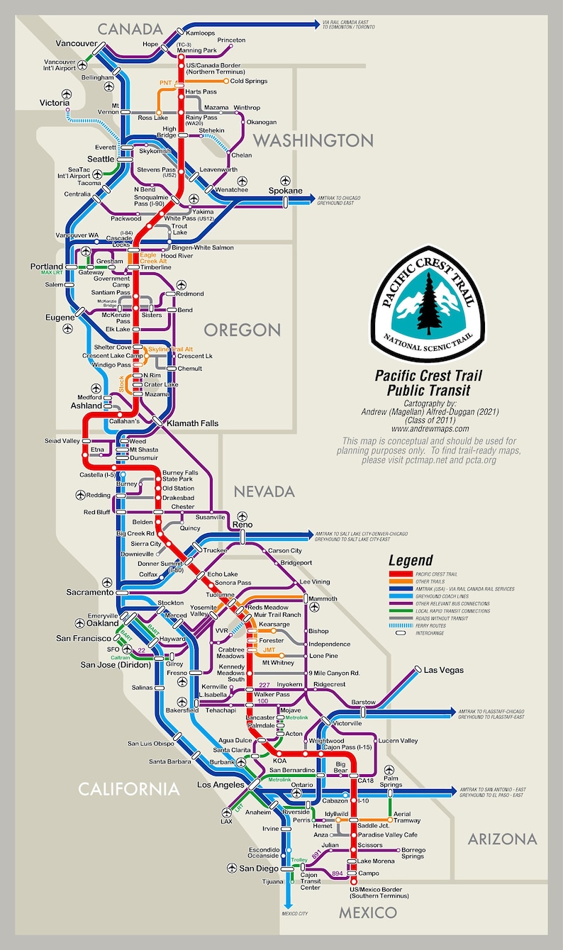 Pacific Crest Trail PCT Conceptual Transit Map - 30x18 Large Canvas ...