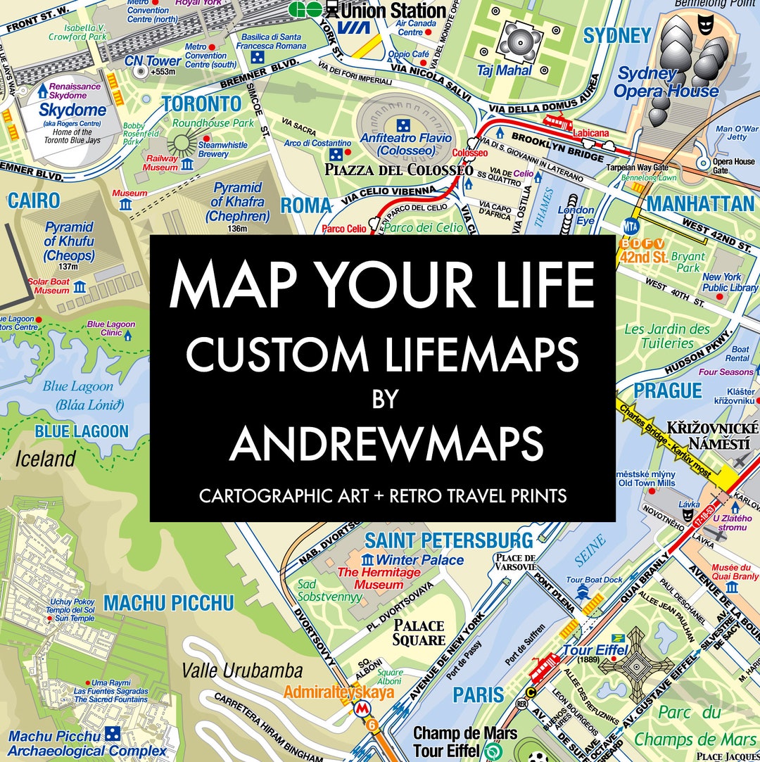 Lifemap 10 Place Custom Map Canvas | Matted Print | Wall Art | Map Art ...